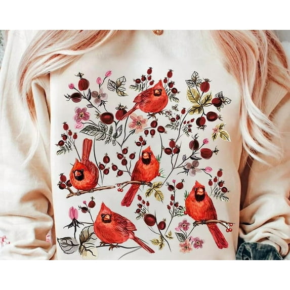 Cardinal Birds Floral Illustration: Nature-Inspired Design , Sweatshirt ...