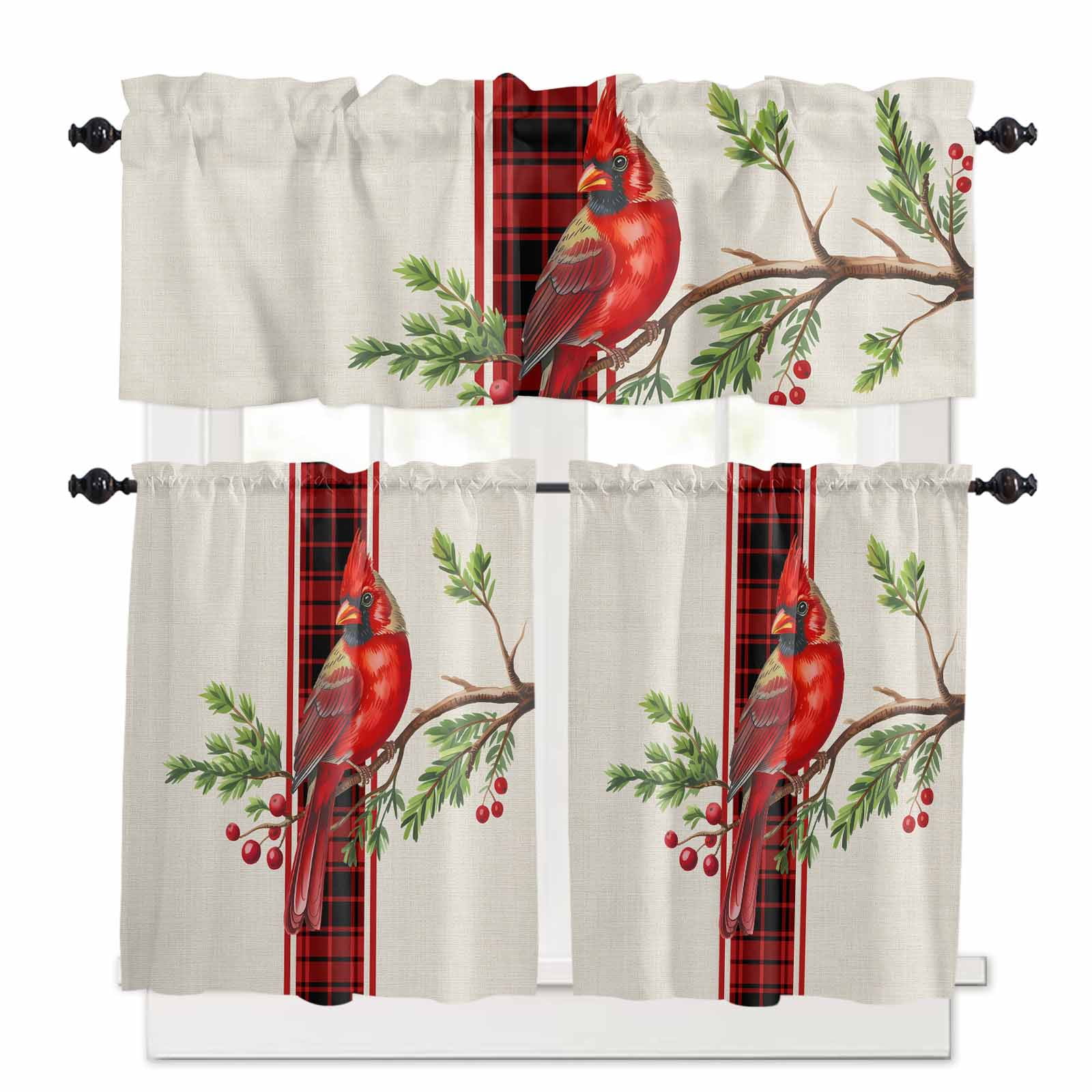 Cardinal Birds Kitchen Curtains and Valances Set, Green Leaf Berry Red ...