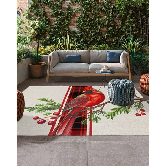 Cardinal Birds Outdoor Rug, Green Leaf Berry Red Plaid Vintage Linen ...