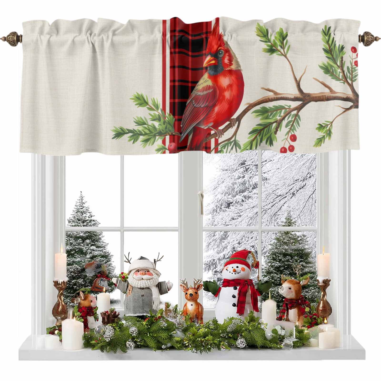 Cardinal Birds Valances for Windows, Green Leaf Berry Red Plaid Vintage ...