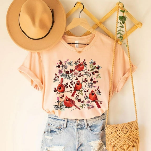 Cardinal Birds and Flowers T-Shirt | Nature-Inspired Artistic Tee for ...