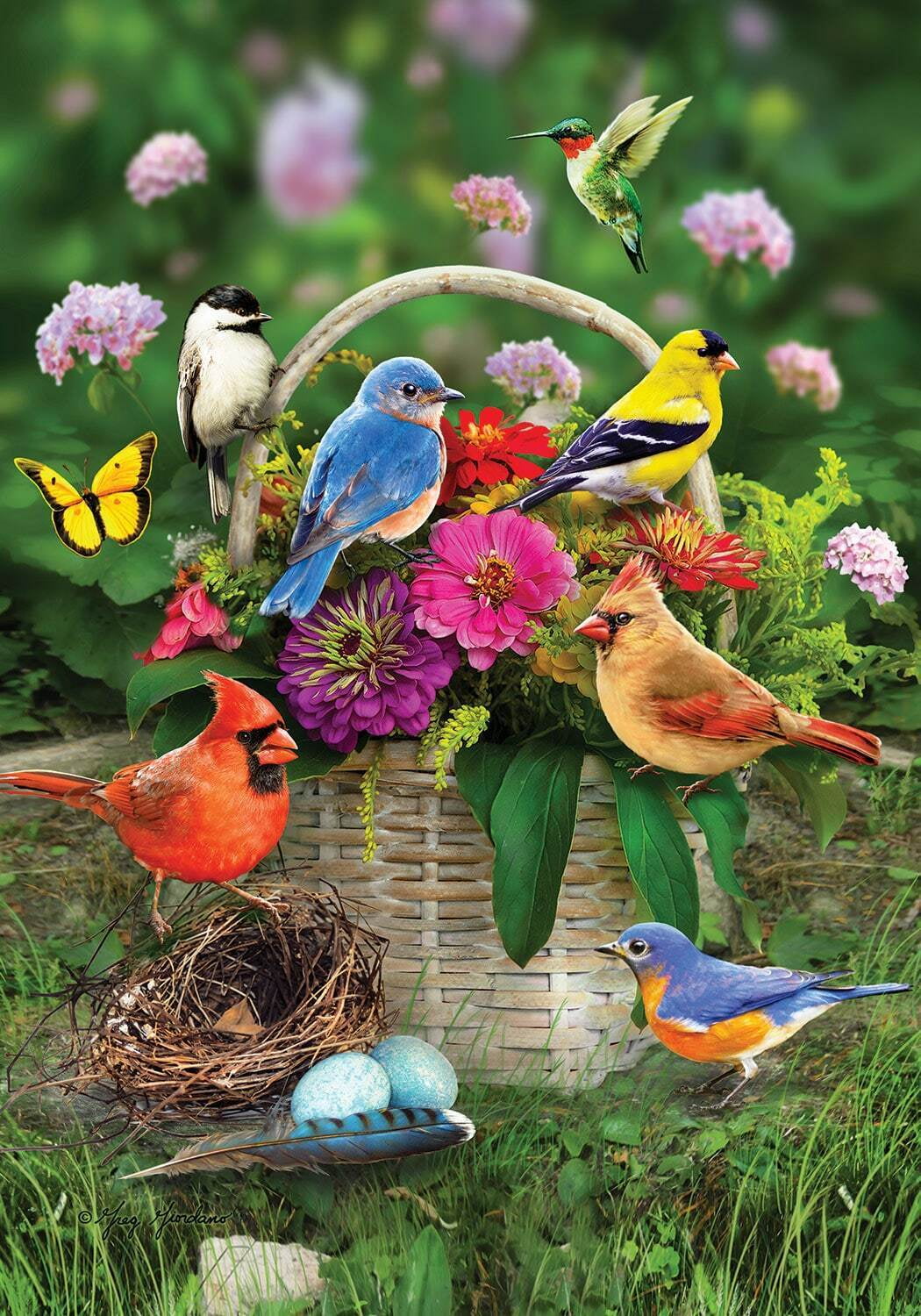 Cardinal Bluebird Chickadee Hummingbird Finch Basket Hydrangea Flower ...