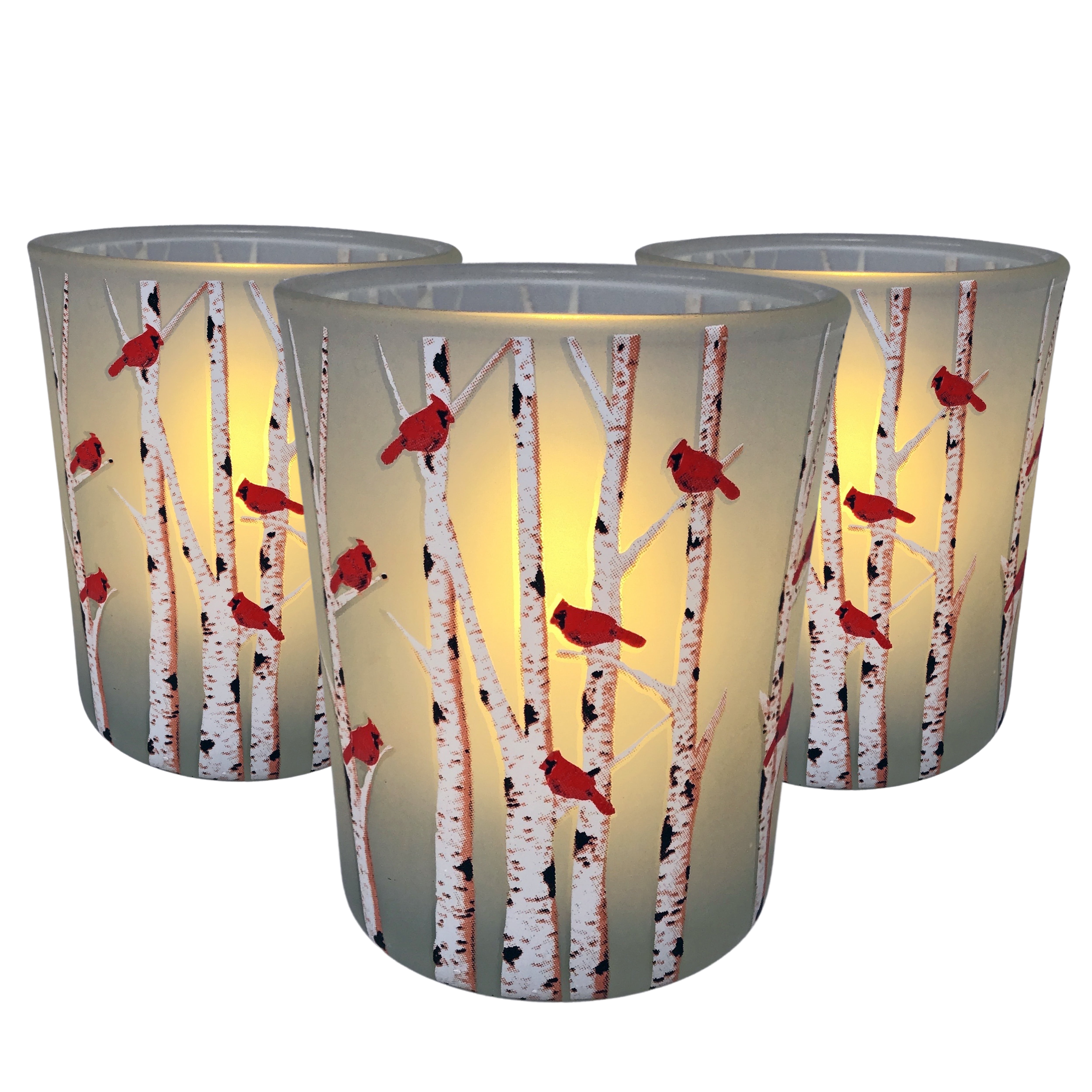 Cardinal Candle Holders - Set of 3 - Frosted Glass - Red Cardinals on ...