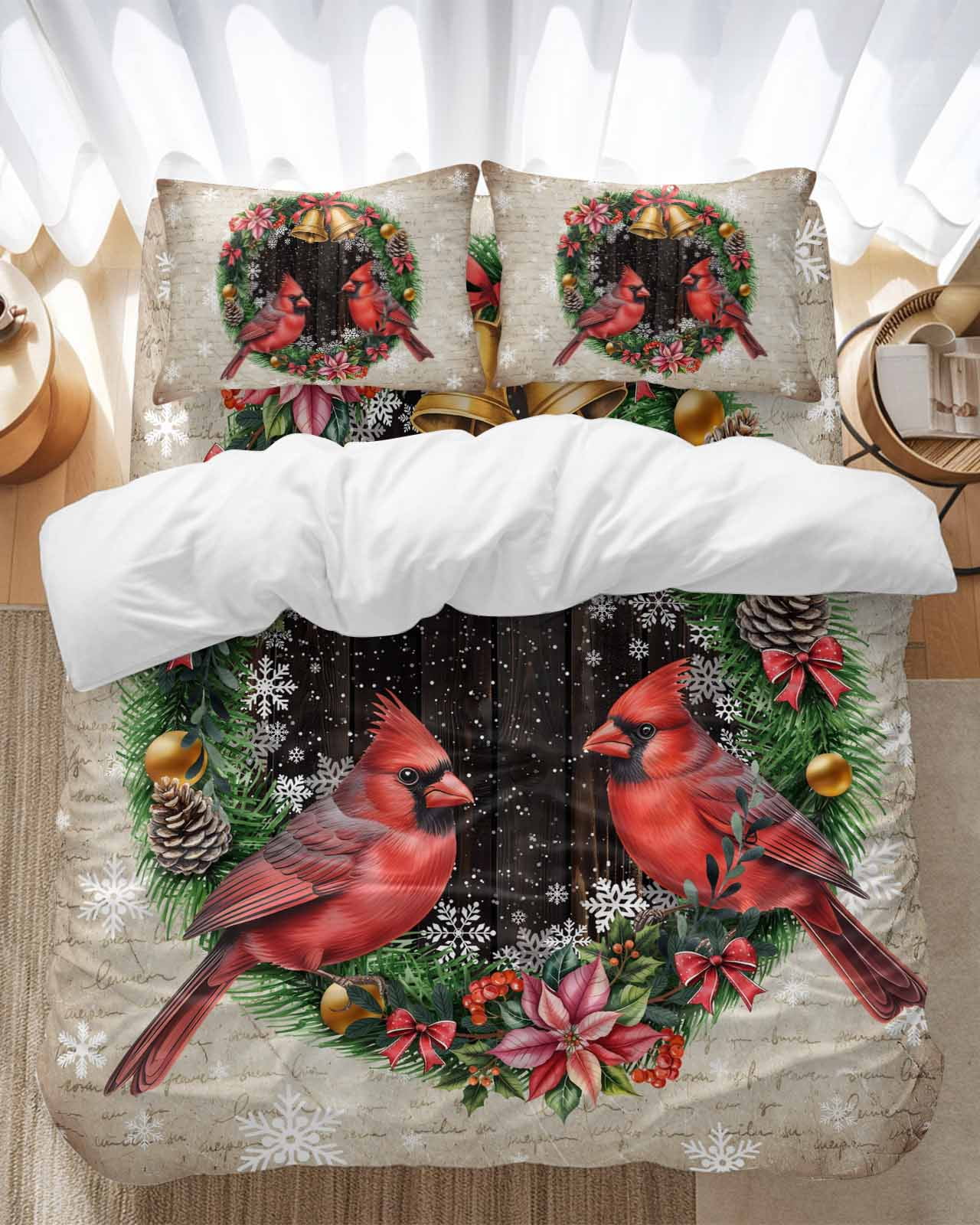 Cardinal Christmas Bedding Duvet Cover Set Twin Size 4 Pieces Rings ...