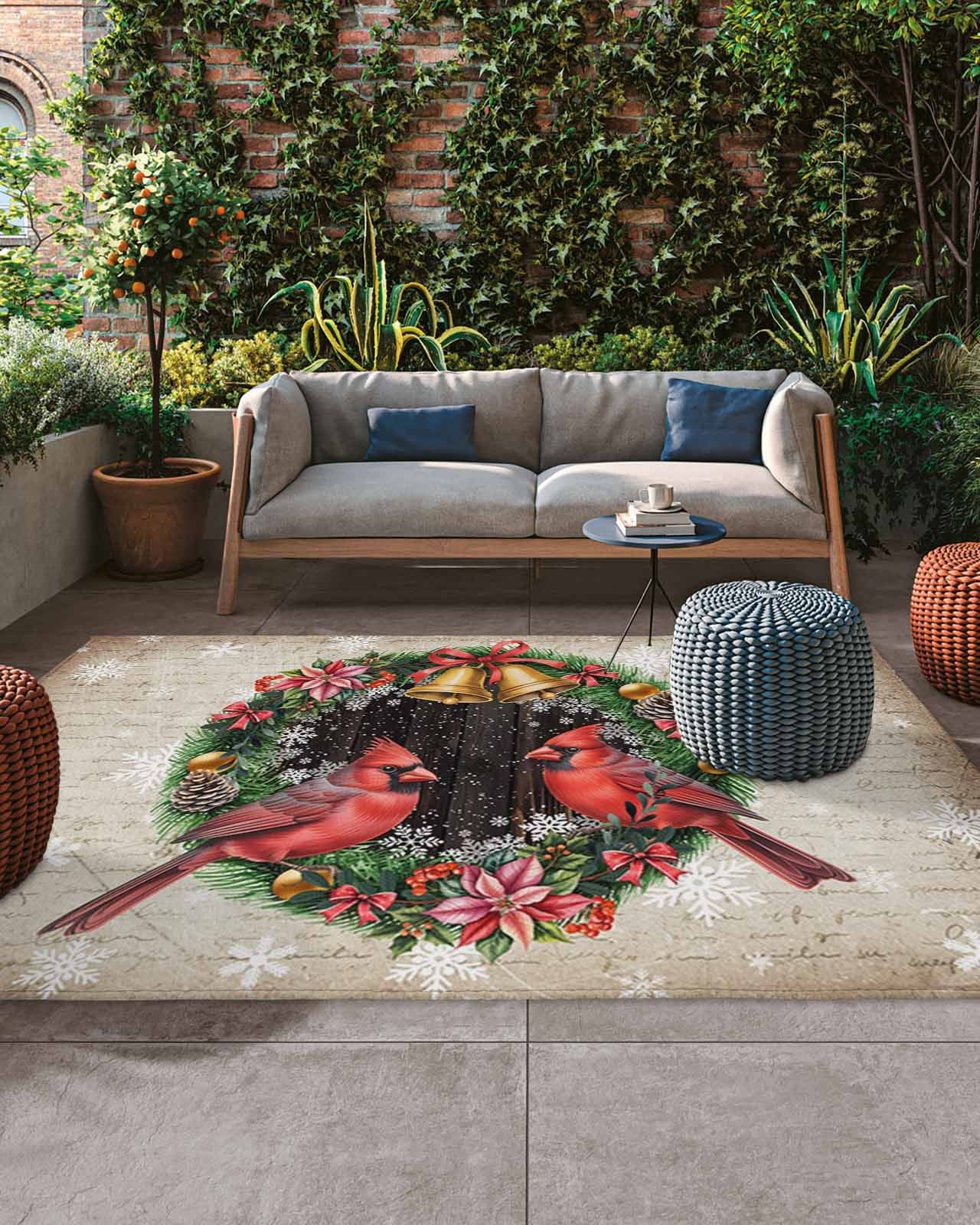 Cardinal Christmas Outdoor Rug, Rings Bells Snowflakes Winter Wooden ...