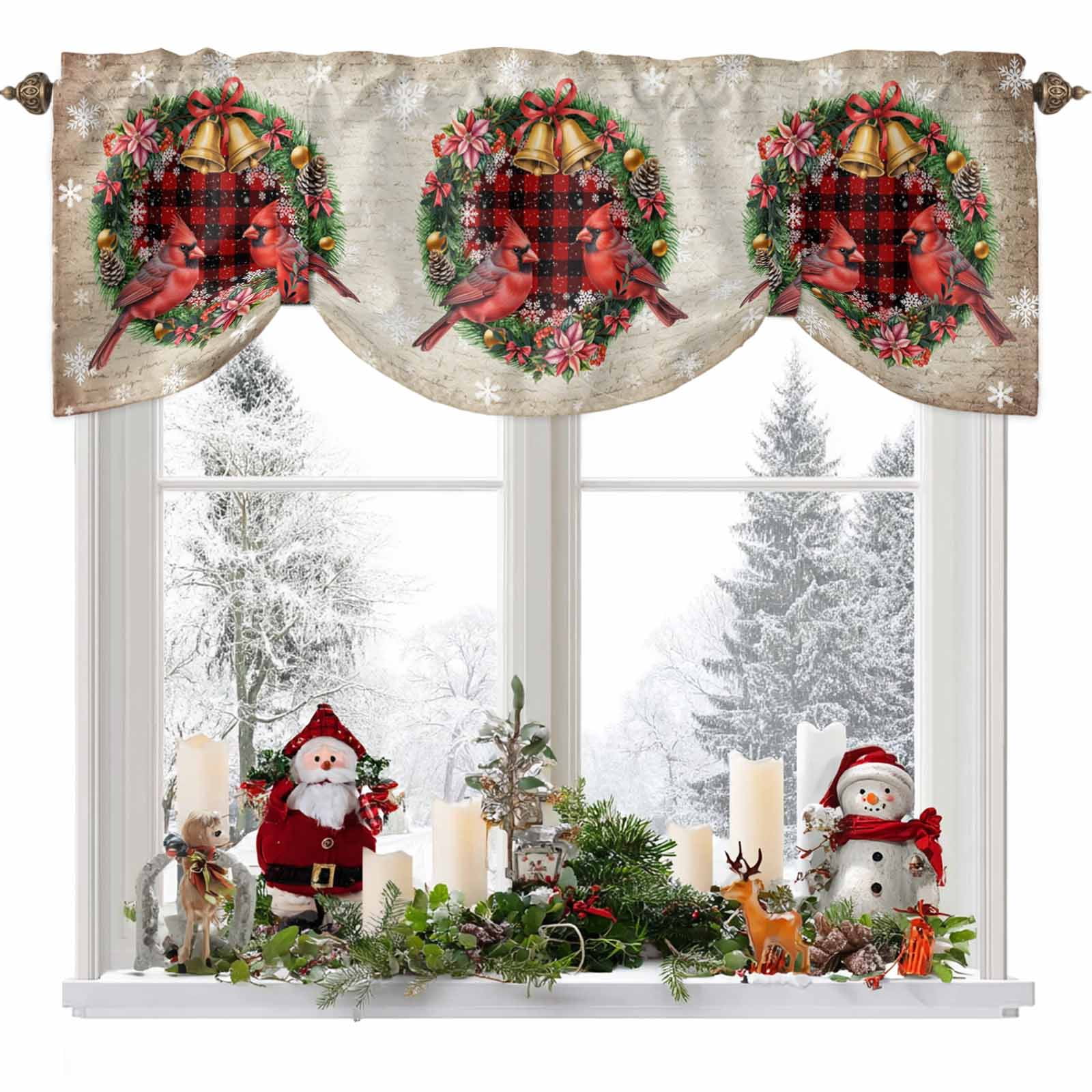 Cardinal Christmas Tie Up Valances Curtain, Rings Bells Snowflakes ...