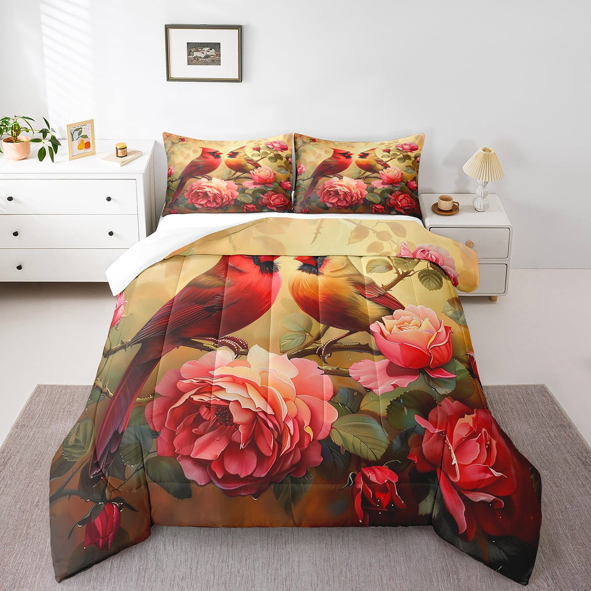 Cardinal Comforter Set Red Rose Bedding Sets Full,Romantic Flowers ...