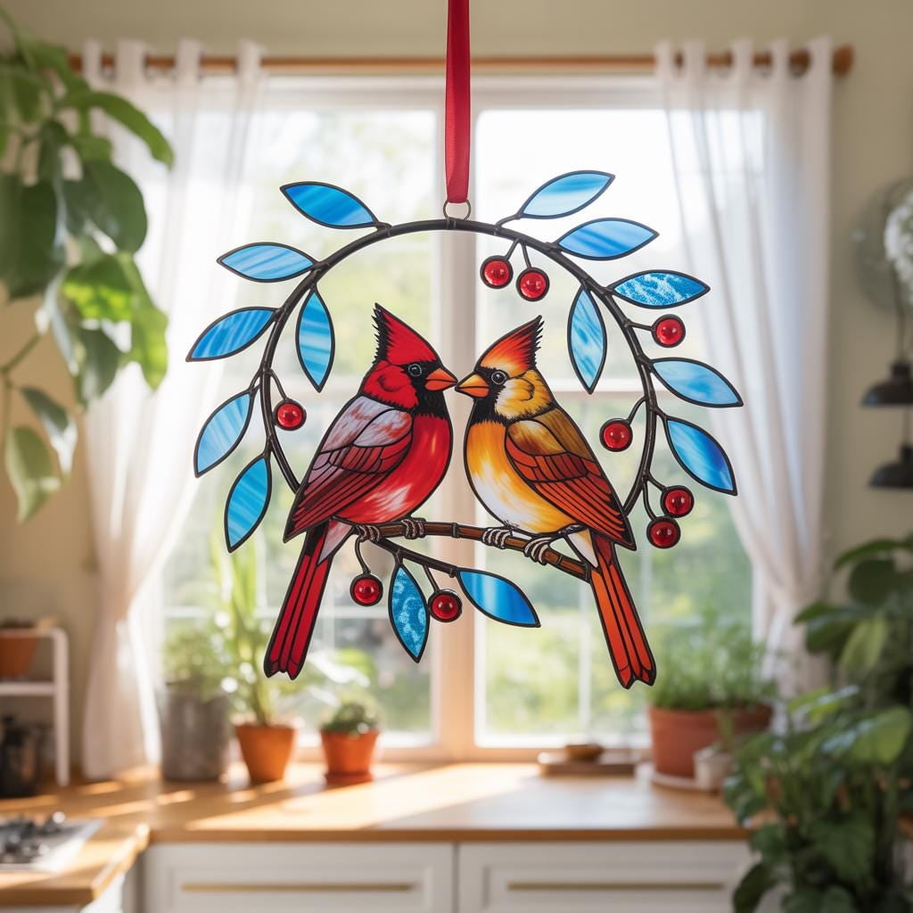 Cardinal Couple Acrylic Suncatcher, Cardinal Bird Window Hanging, Red ...