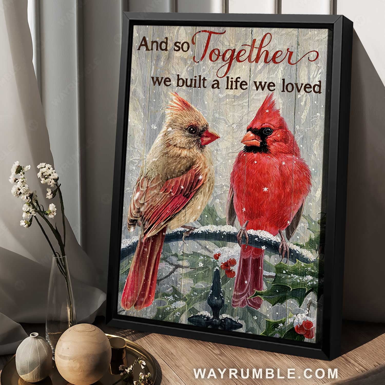 Cardinal Couple Snow Branch - And So Together Portrait Poster Prints ...