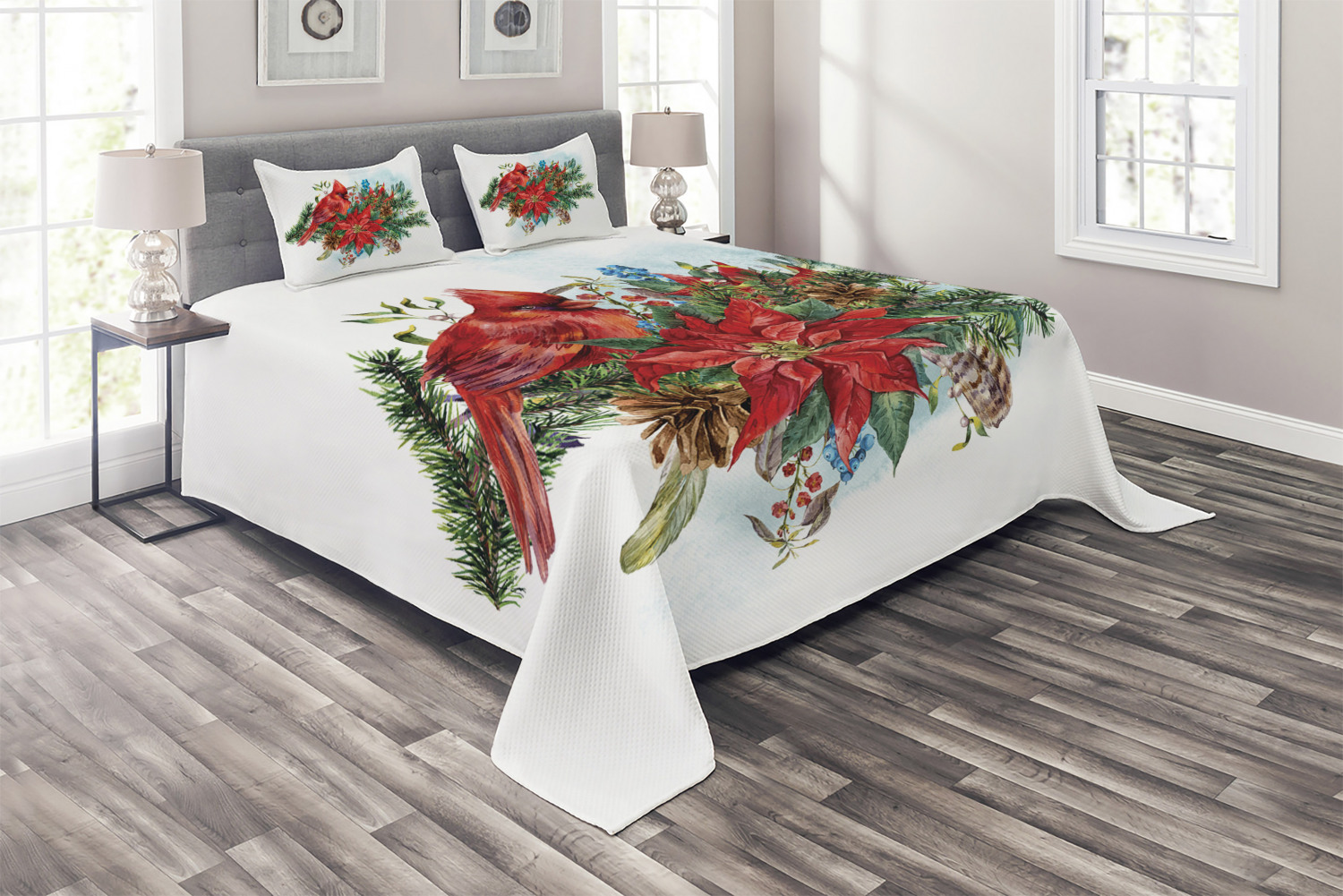 Cardinal Coverlet, Christmas Themed Bird on Floral Bouquet Poinsettia ...