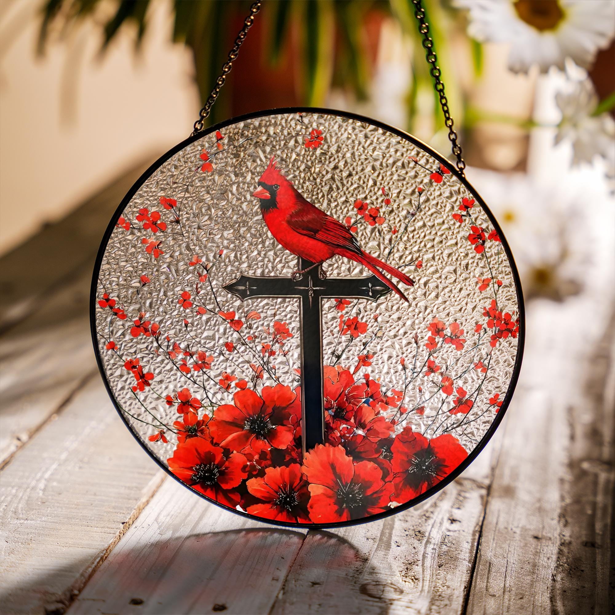 Cardinal & Cross Stained Glass Suncatcher, Memorial Window Hanging ...