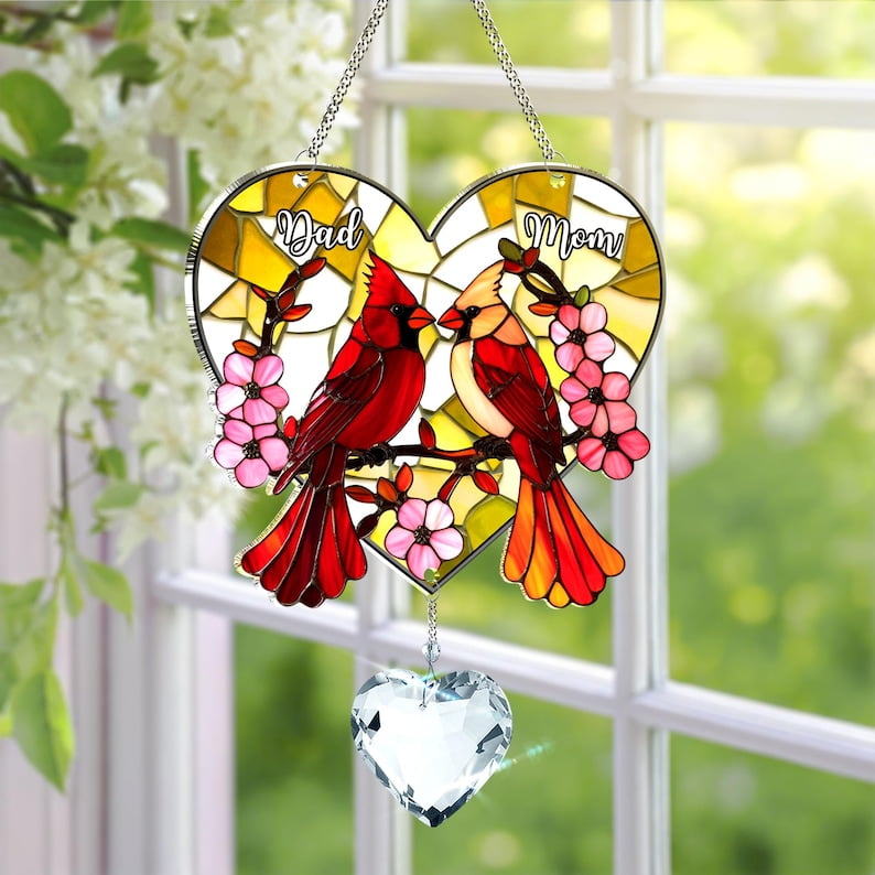 Cardinal Crystal Suncatcher, Male & Female Cardinal Stained Glass ...