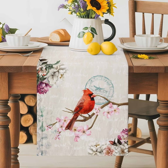 Cardinal Dining Table Runner, Red Bird Floral Washable Table Runners ...