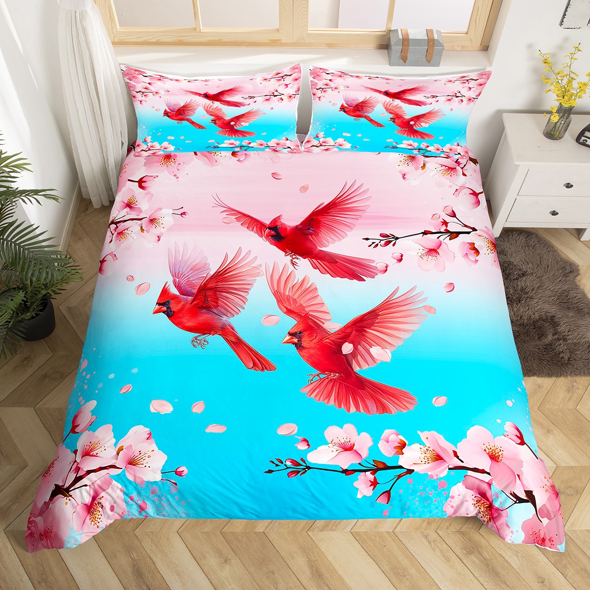 Cardinal Duvet Cover Red Birds Animal King Bedding Sets ,Cherry Blossom ...