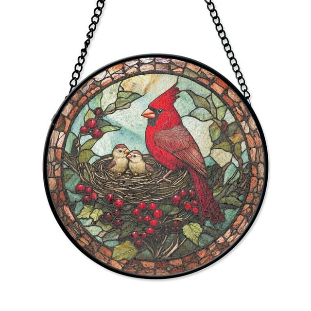 Cardinal Family Stained Glass Panel - Heartwarming Bird and Nest Window ...