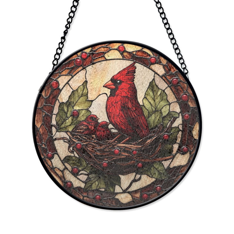Cardinal Family Stained Glass Window Hanging - Handmade Red Bird Nest ...