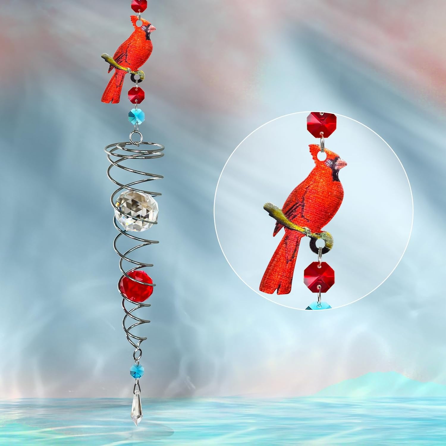 Cardinal Gazing Ball Spiral Tail Wind Spinner Sun Catcher Rainbow Maker ...