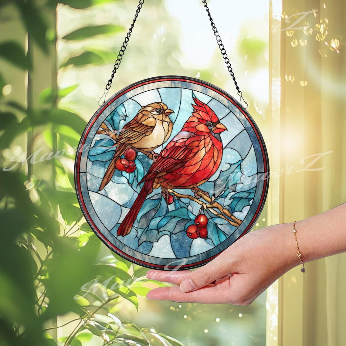 Cardinal Glass Suncatcher, Red Bird Round Window Panel, Holly Berries ...