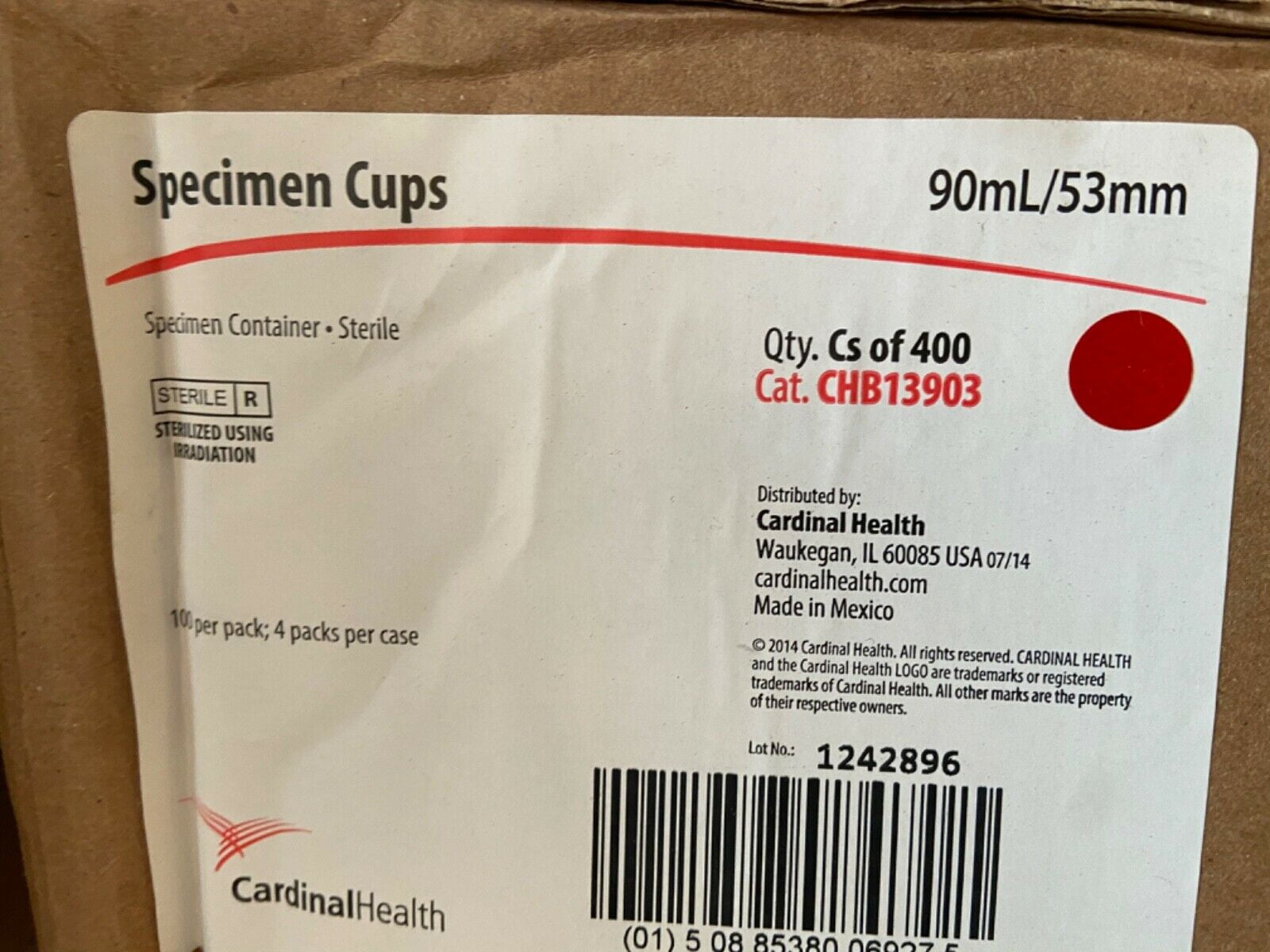 Cardinal Health # CHB13903 - Container Specimen 90mLx53mm Sterile 400 ...