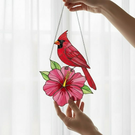 Cardinal Hibiscus Acrylic Suncatcher, Red Bird Window Hangingr ...