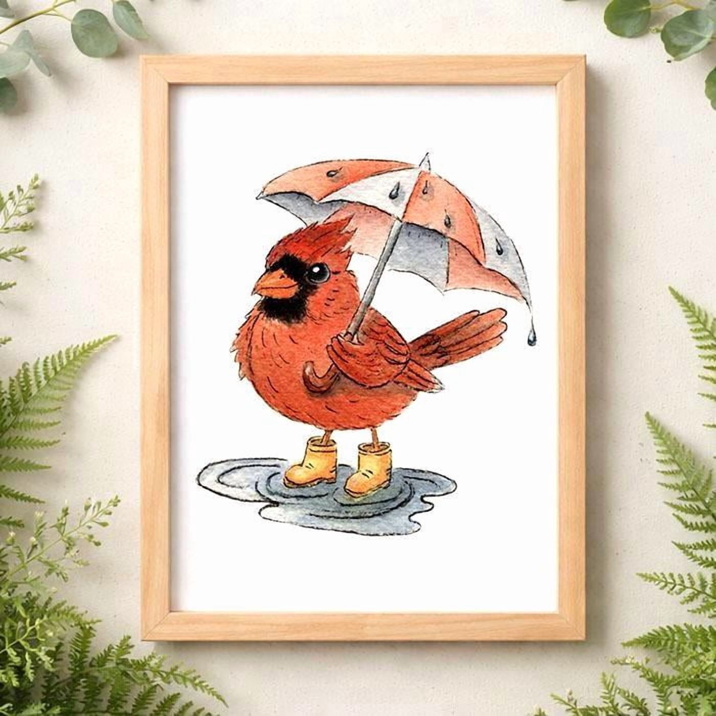 Cardinal In Rain Boots Umbrella Watercolor Art Print, Whimsical Bird ...