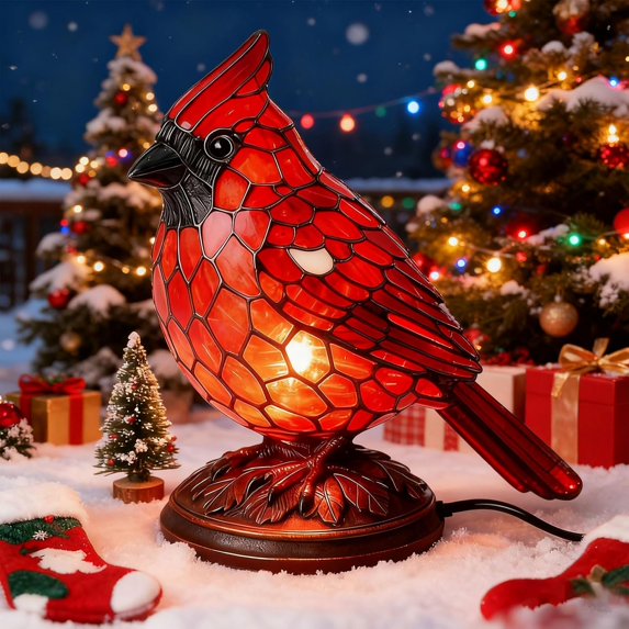 Cardinal Lamp Stained Glass – 2026 New Stained Glass Resin Bird Night Light, Realistic Red ...