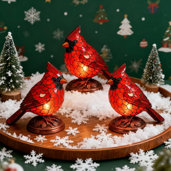 Cardinal Lamp Stained Glass, Red Resin Birds Desk Light, Cardinals Bird ...