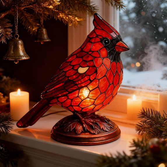 Cardinal Lamp Stained Glass Resin Realistic Bird Table Night Light LED ...