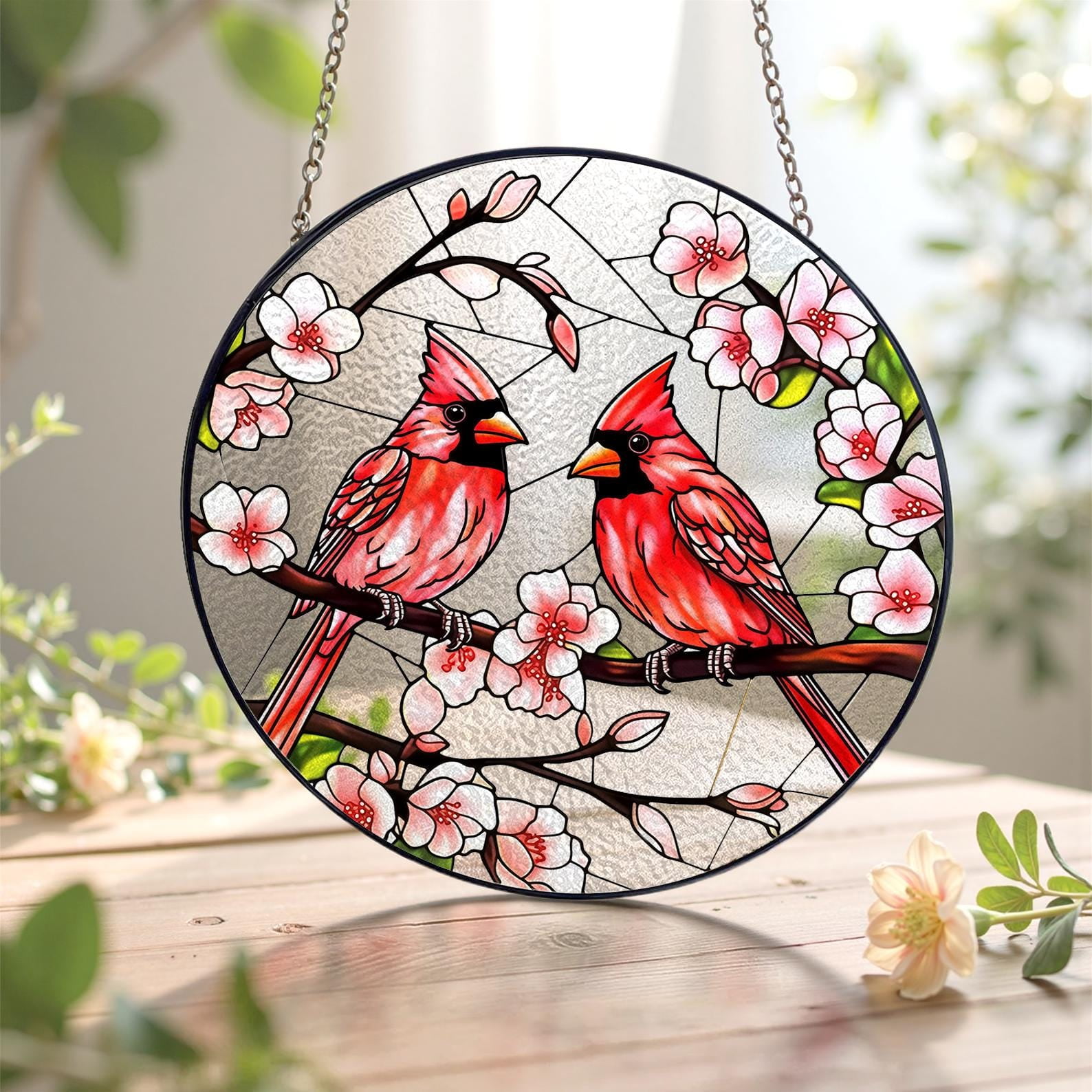 Cardinal Lovebirds Stained Glass Suncatcher Memorial Holiday Decor Gift ...