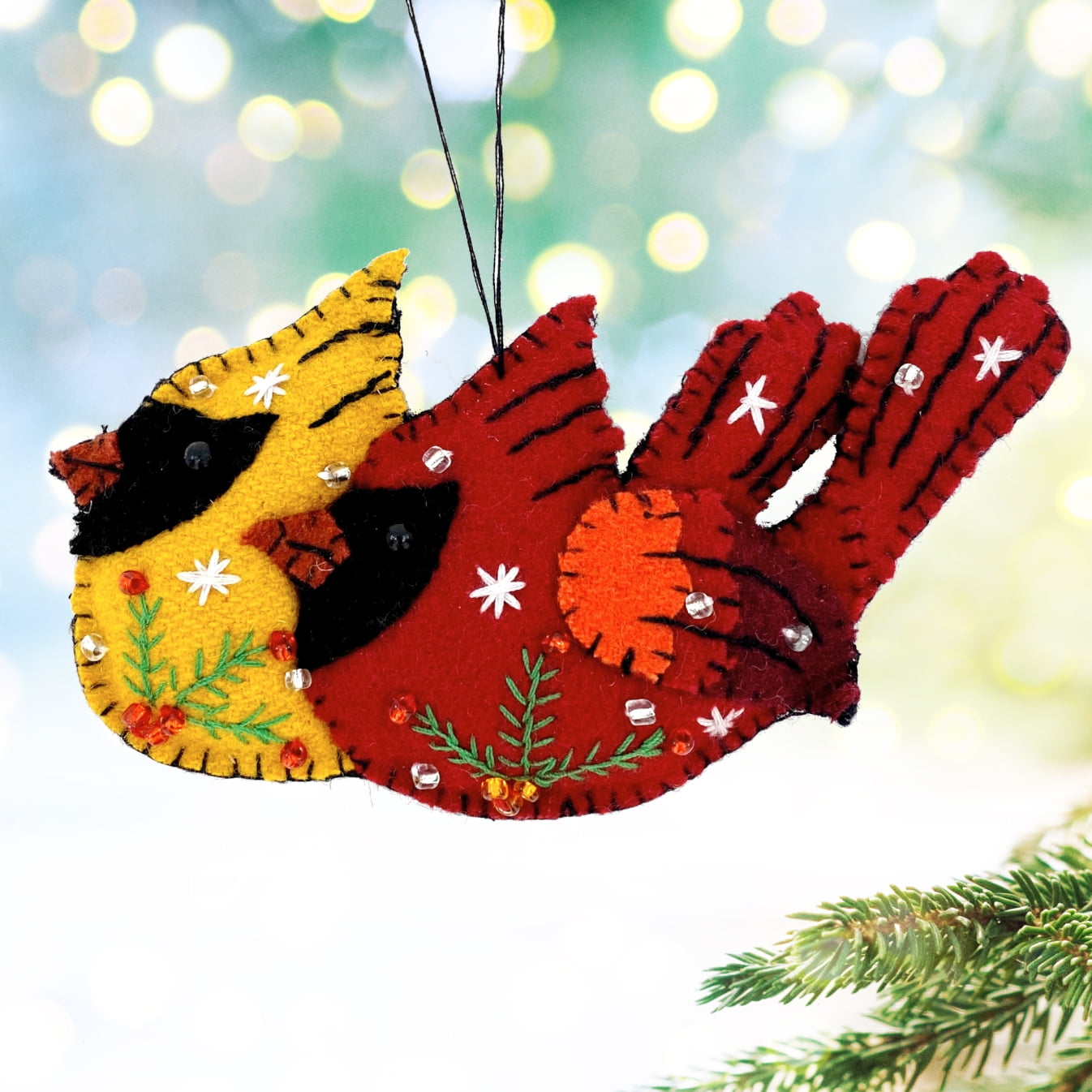 Cardinal Ornament - Male and Female Cardinal Bird Wool Embellished Hand ...