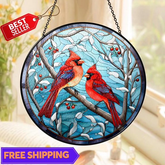Cardinal Pair Suncatcher, Glass-Effect Round Winter Scene Window Panel ...