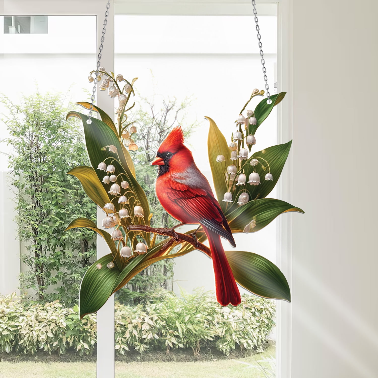 Cardinal Perch Acrylic Window Hanging - Stained Glass Style with Lily ...