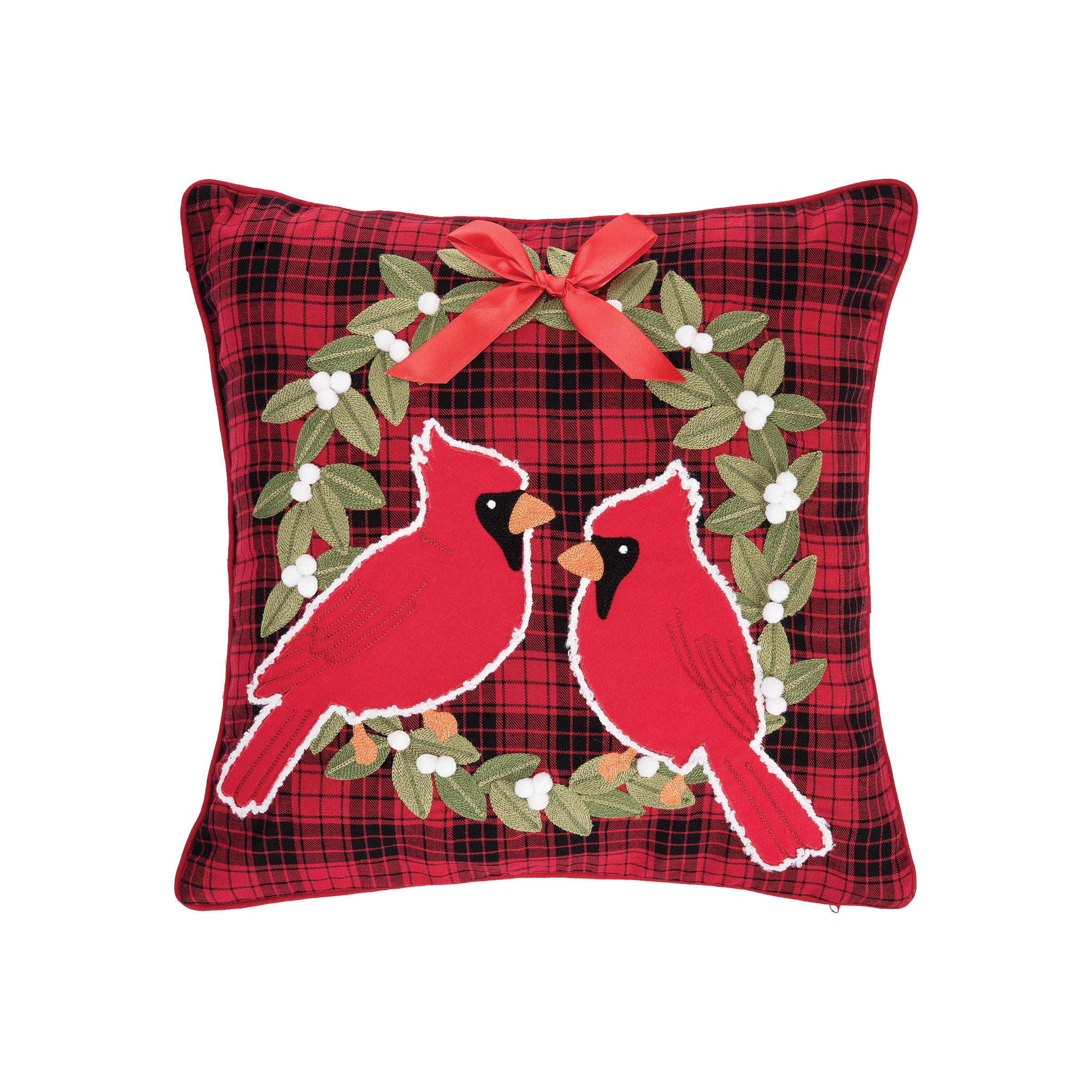 Red Cardinal on Holly Wreath Plaid Cotton Blend Christmas Tufted Accent ...