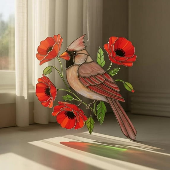 Cardinal Poppy Acrylic Suncatcher, Red Cardinal Window Hanging Decor ...