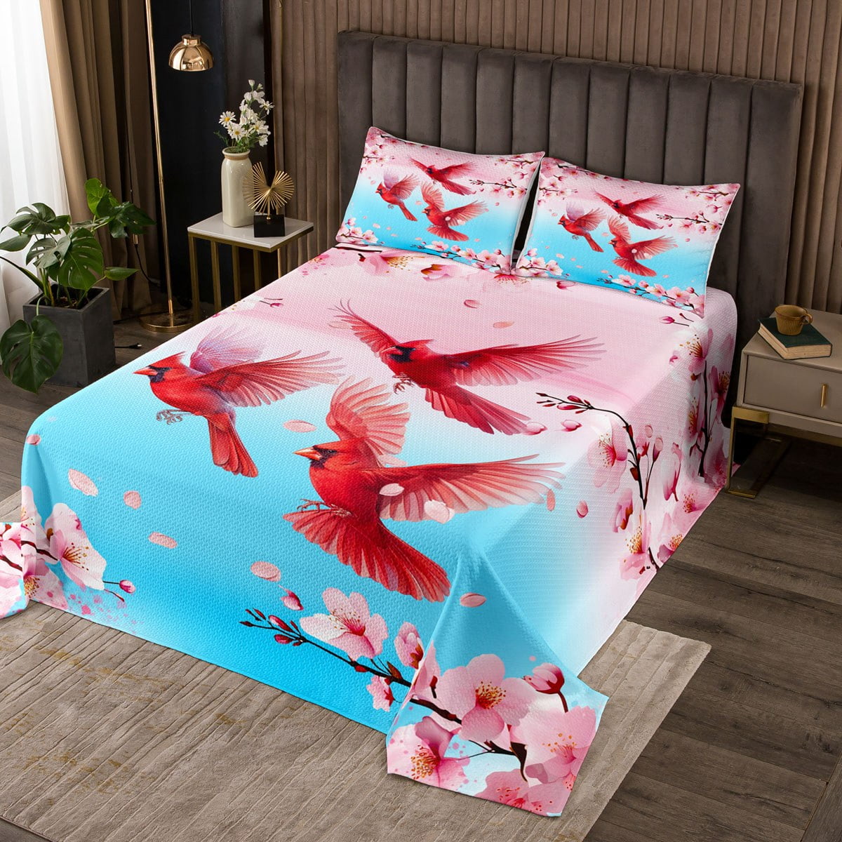 Cardinal Quilt Set Red Birds Animal King Bedspread Set for Girls,Cherry ...