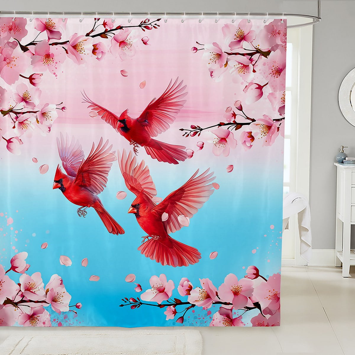 Cardinal Shower Curtain Red Birds Animal Bath Curtain,Cherry Blossom ...