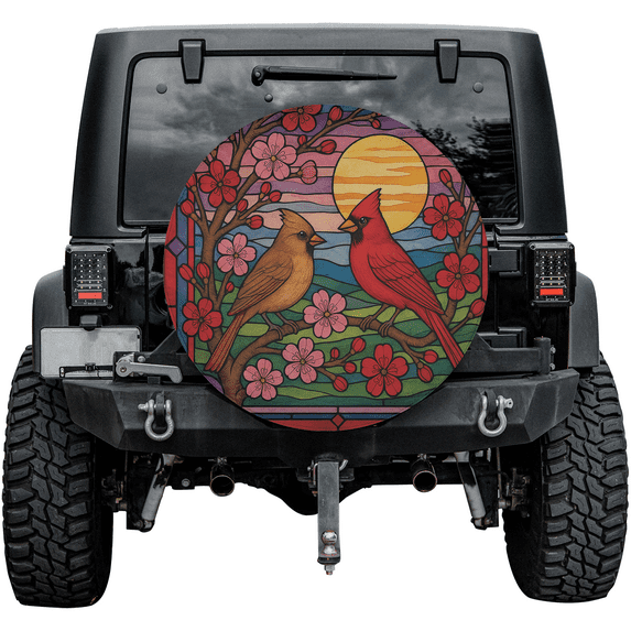 Cardinal Stained Glass Spare Tire Cover – Colorful Floral and Sunset ...