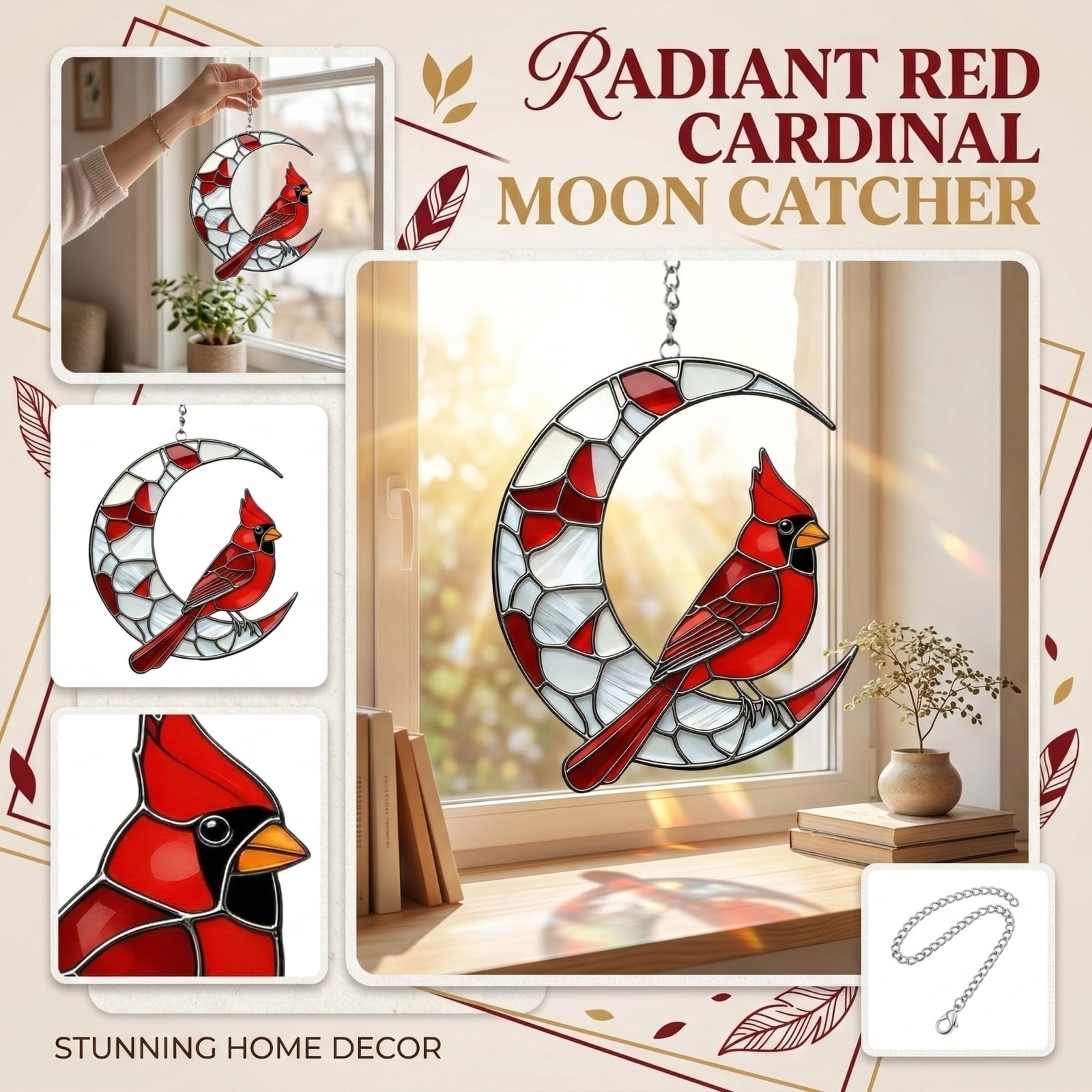 Cardinal Stained Glass Suncatcher Crescent Moon Acrylic Window Hanging ...