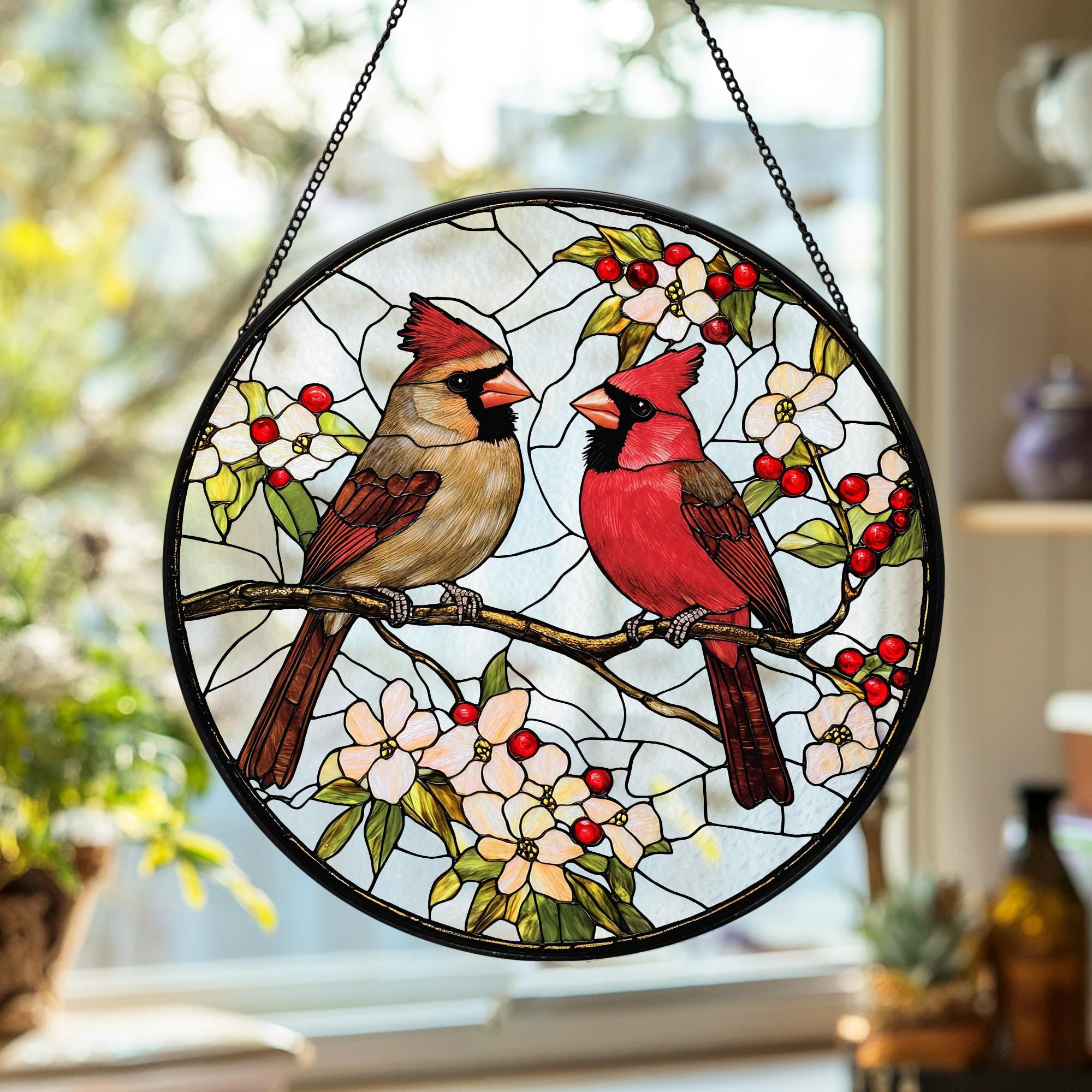 Cardinal Stained Glass Suncatcher, Memorial Red Bird Window Hanging ...