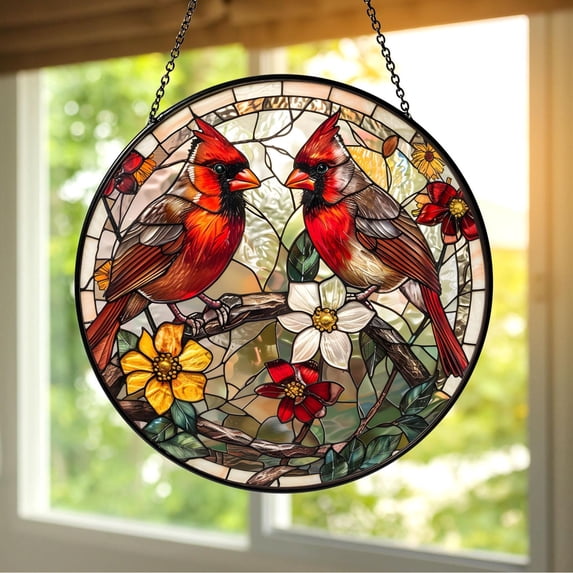 Cardinal Stained Glass Suncatcher, Red Cardinal Couple Window Hanging ...