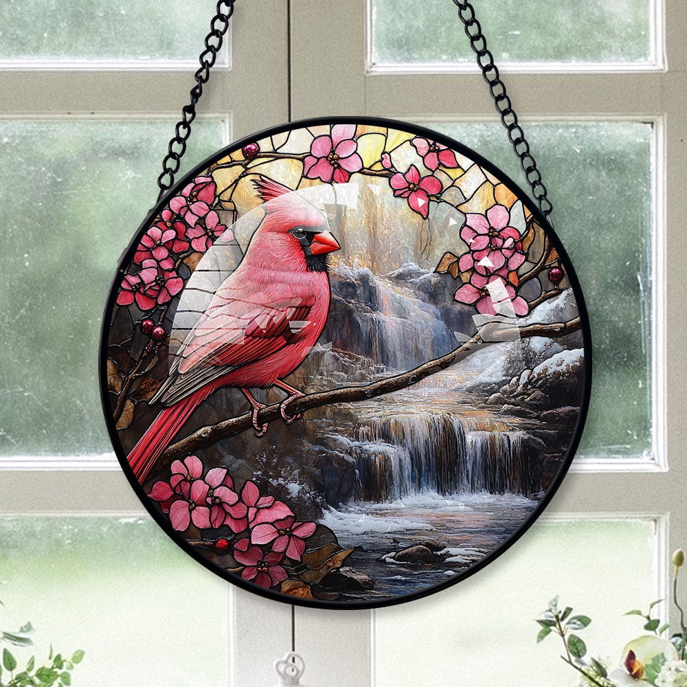 Cardinal Suncatchers, Pink Cardinal Stained Glass Window Hangings, Pink ...