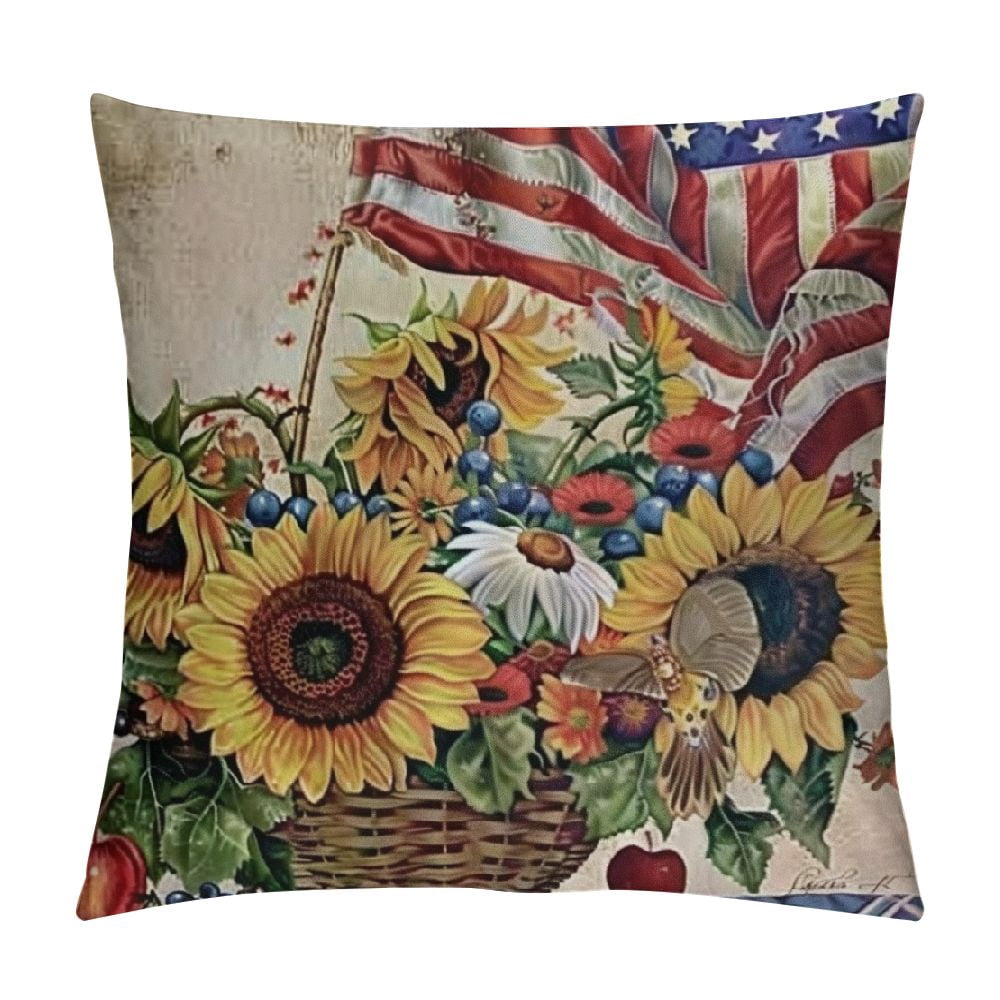 Cardinal Sunflower USA Flag Throw Pillow Case Red Cardinal Bird Pillow ...