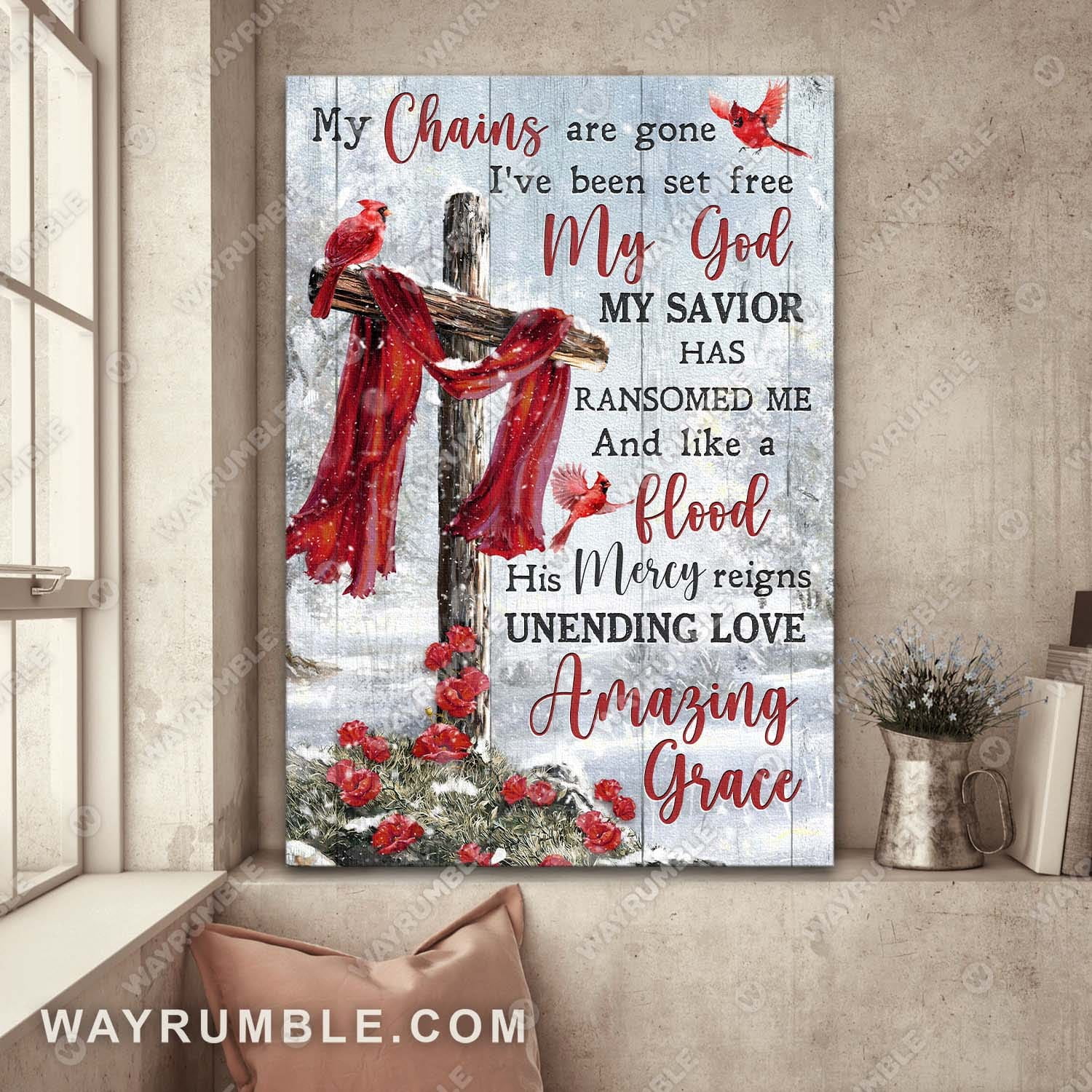 Cardinal, The wooden cross, Winter forest, His mercy reigns unending ...