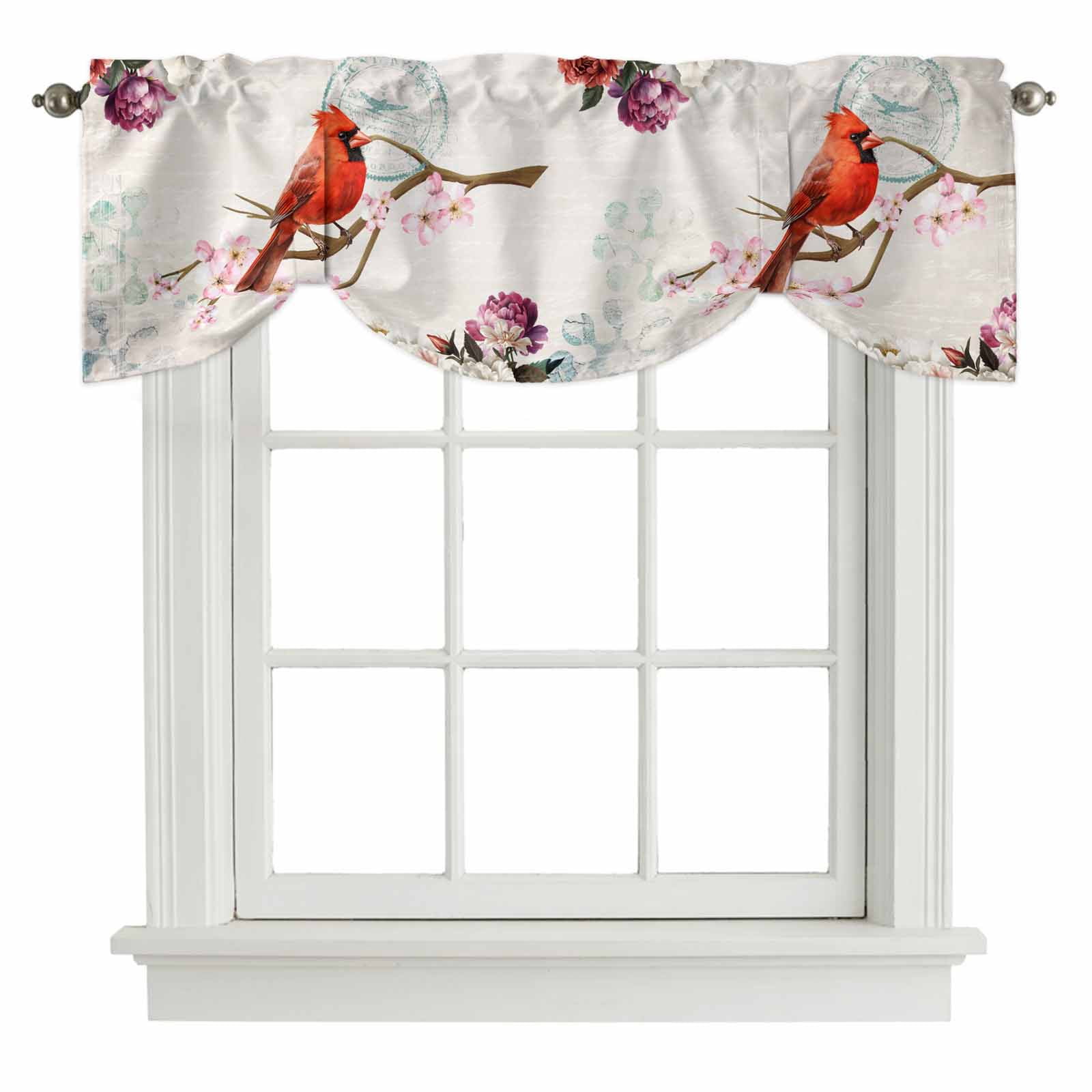 Cardinal Tie Up Valance Curtains Red Bird Floral Adjustable Light ...