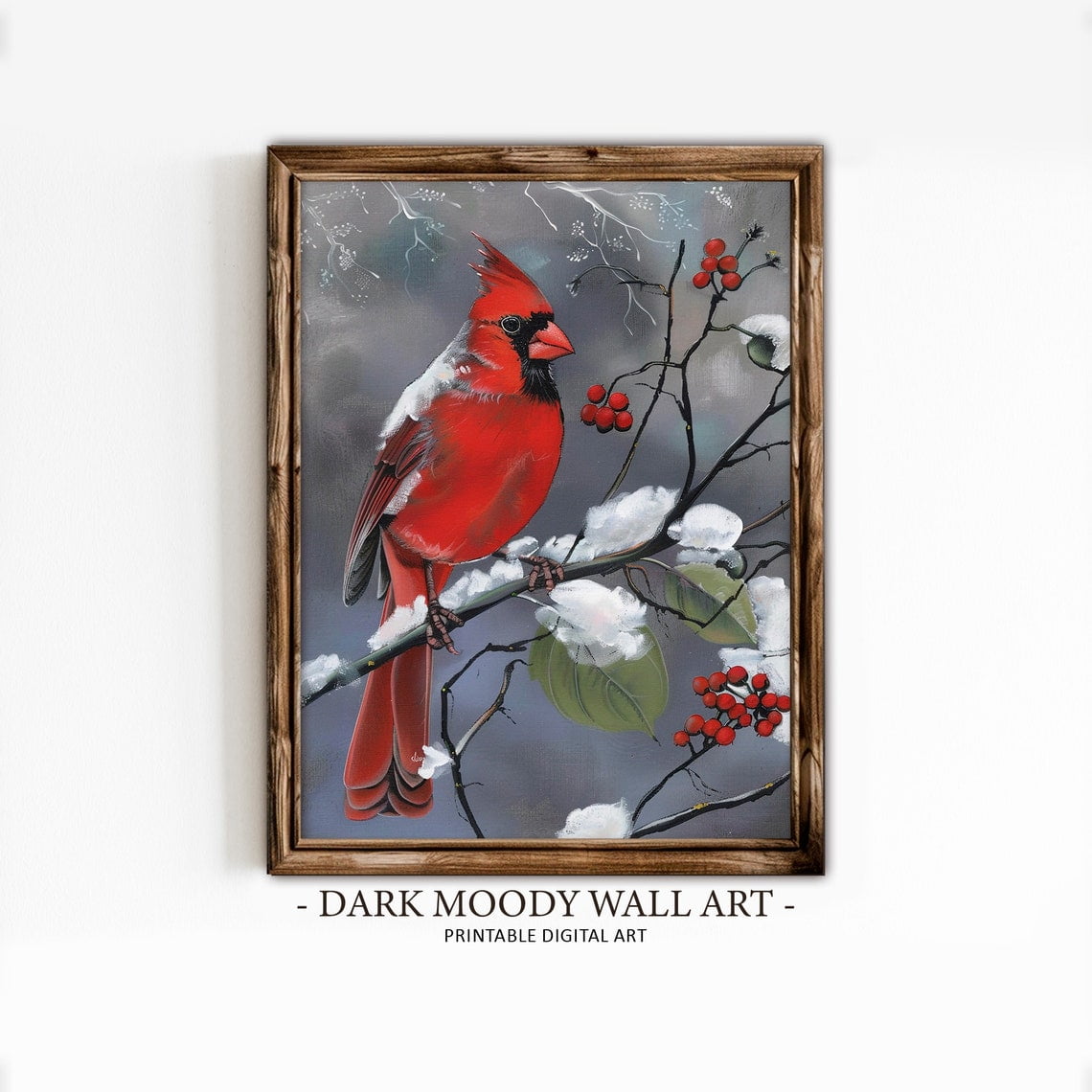Cardinal Wall Art, Dark Moody Holiday Decor, Winter Bird Branch Print, Wall Art, Modern Wall ...