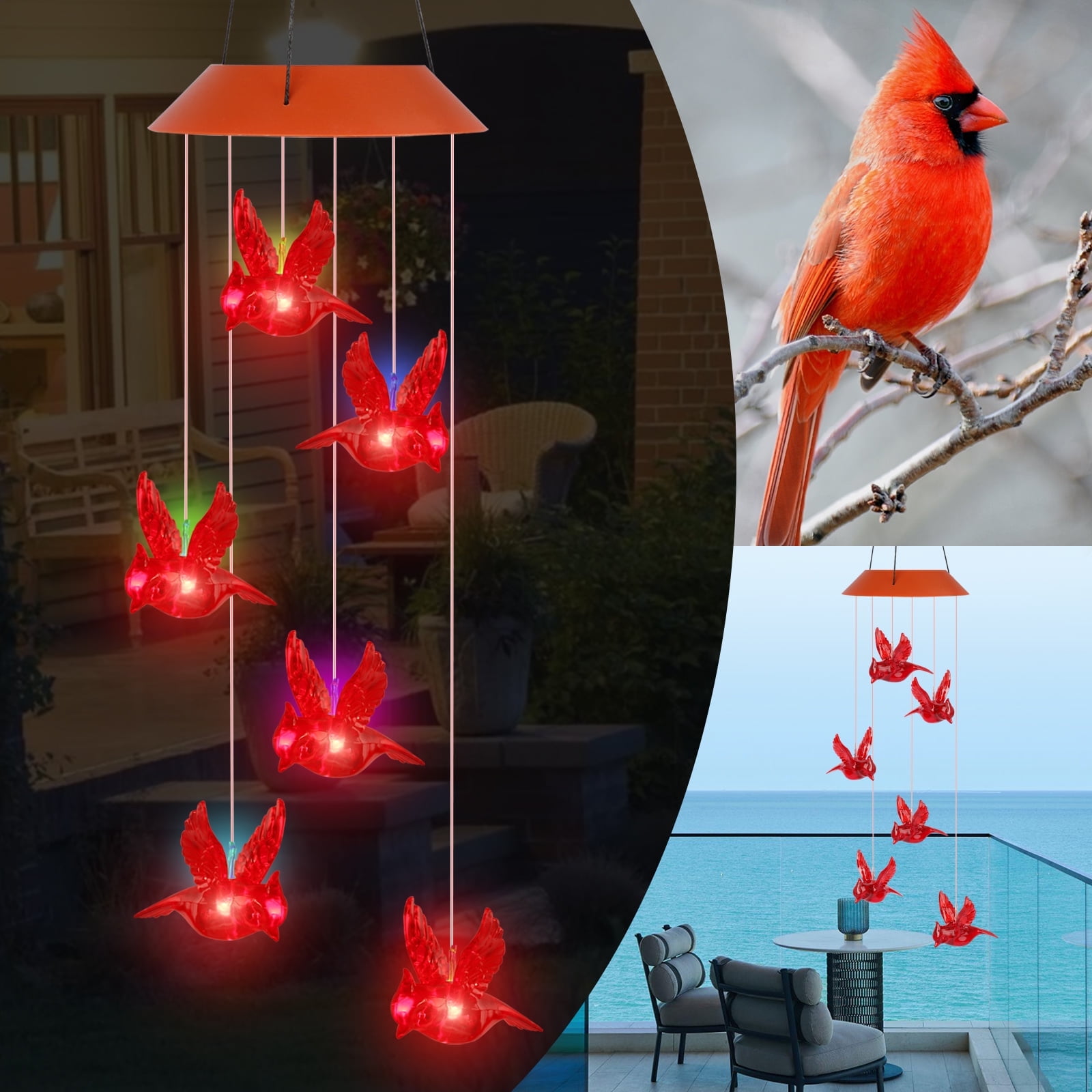Cardinal Wind Chimes, Solar Powered Red Cardinal Bird Wind Chime Wind ...