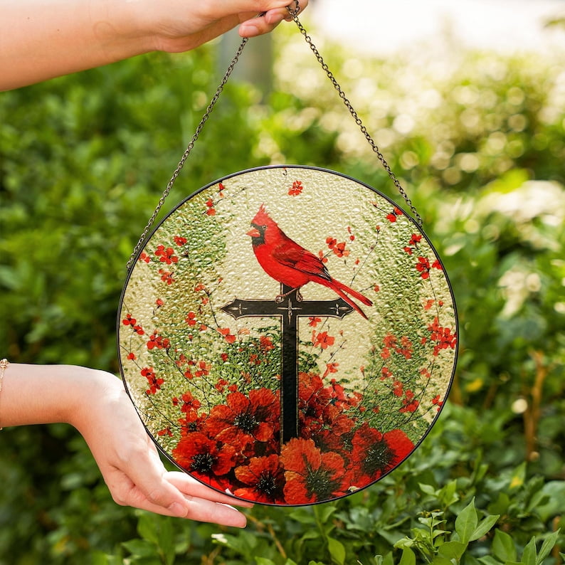 Cardinal and Christian Cross Stained Glass Suncatcher, Cardinal Bird ...