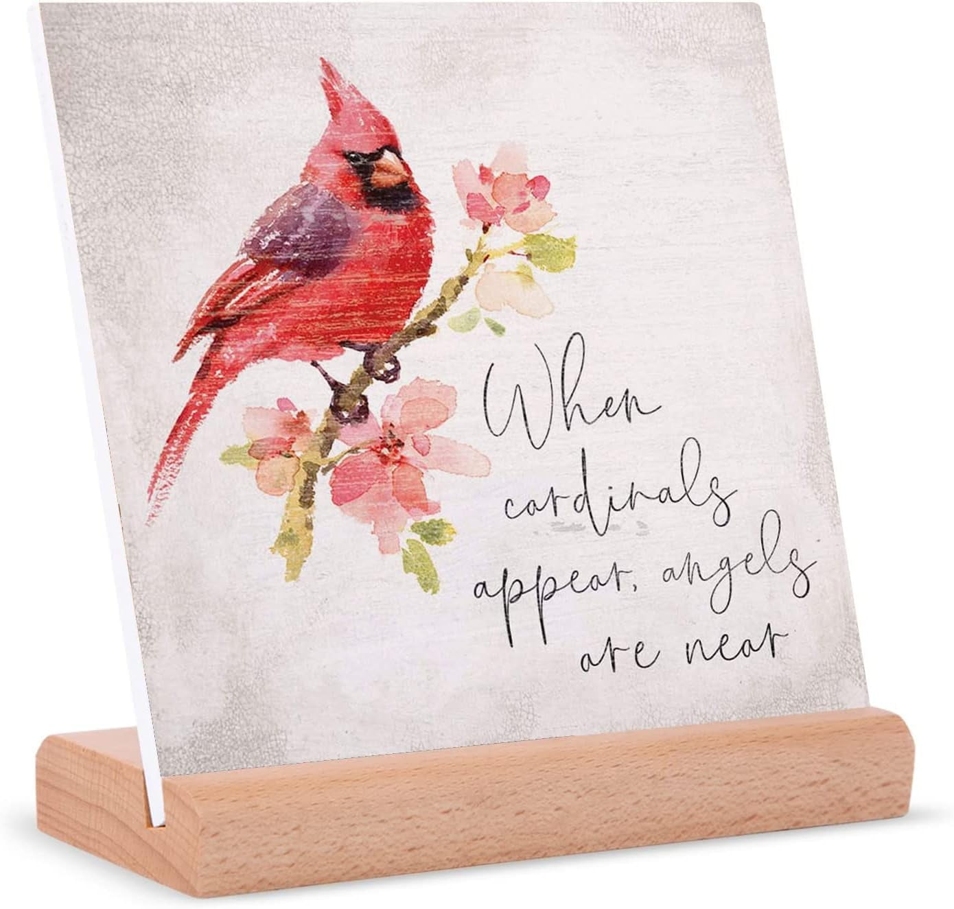 Cardinals Angels are Near Floral Ceramic Table Plaque with Wooden Stand ...