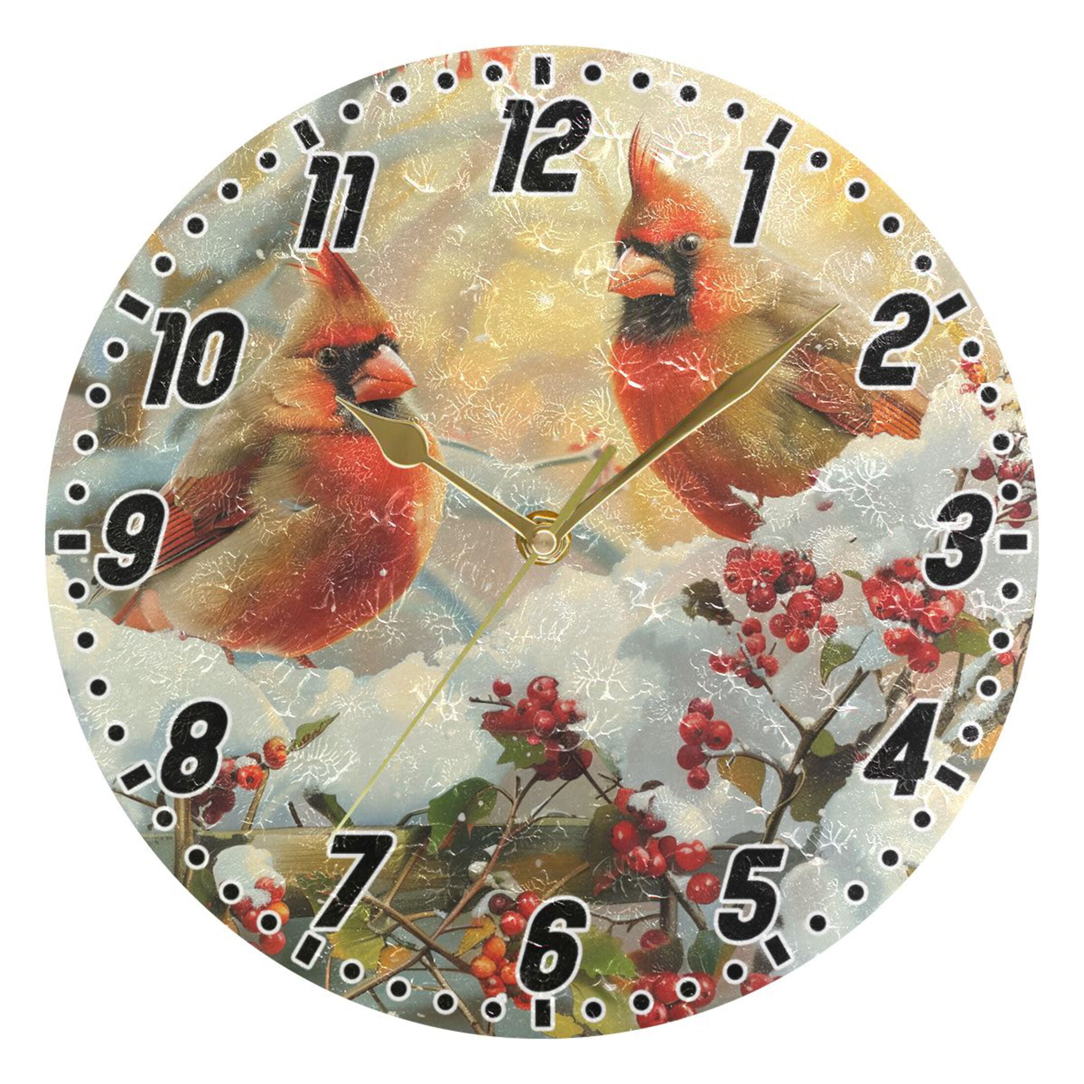 Cardinals Bird on Garden Fence Round Wall Clock Battery Operated Silent ...