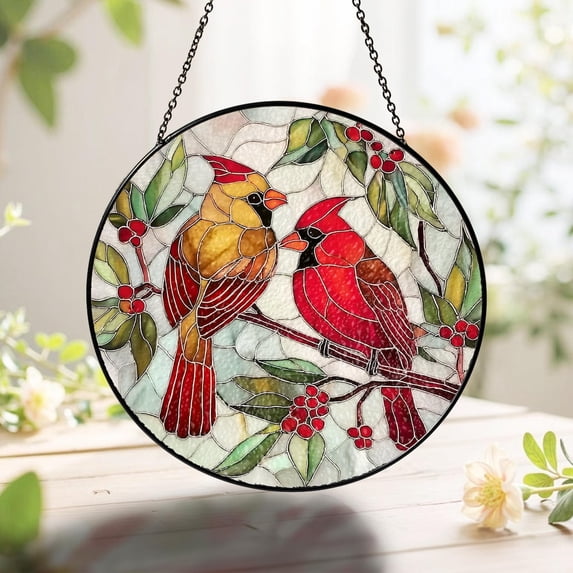 Cardinals Couple Glass Suncatcher, Cardinal Window Hanging, Bird ...